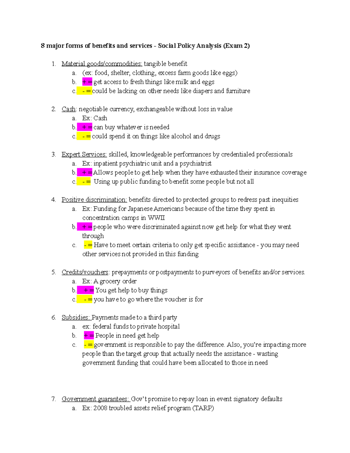 Social policy exam 2 - notes - 8 major forms of benefits and services ...