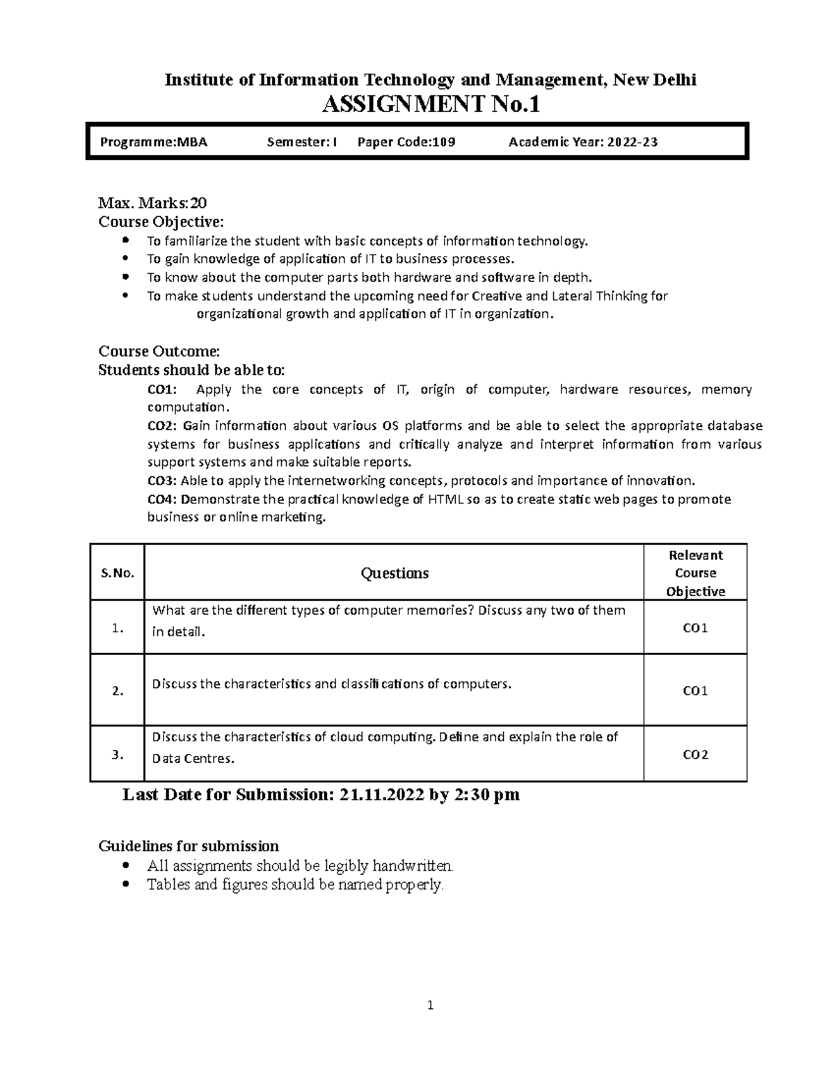 ITM Assignment 1 - for - Institute of Information Technology and ...