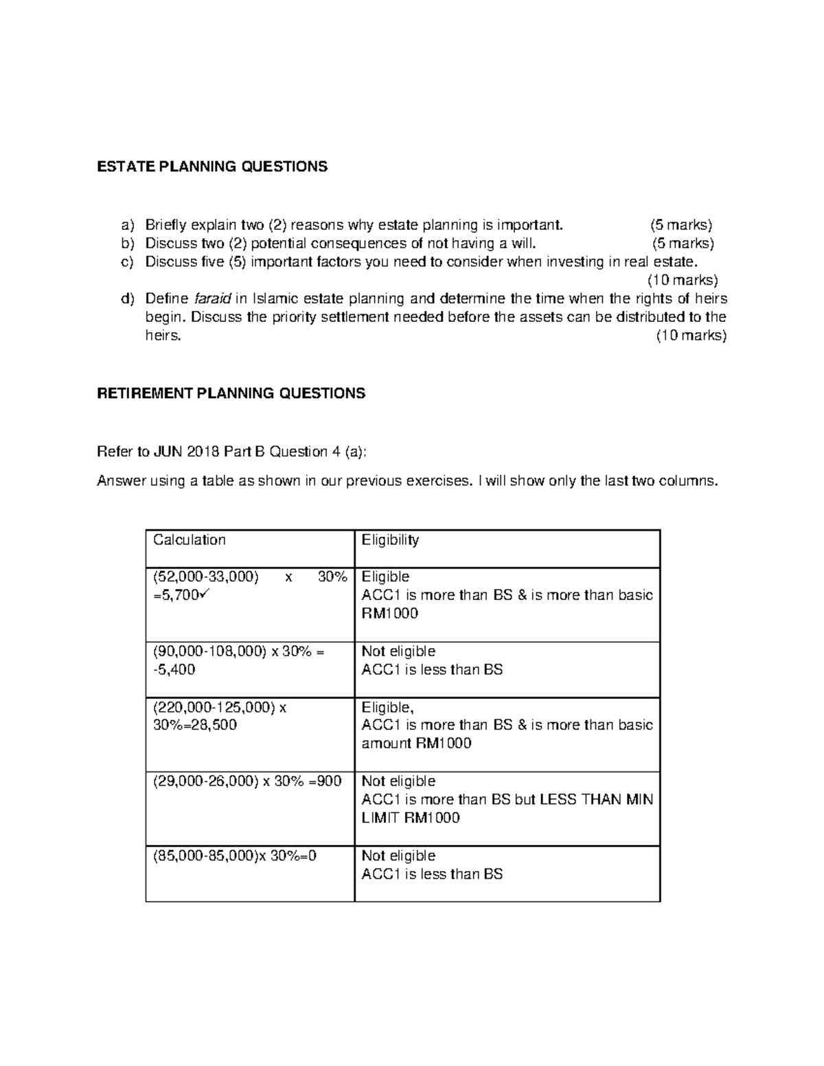 Estate planning and Retirement Questions - ESTATE PLANNING QUESTIONS a) Briefly explain two (2 ...