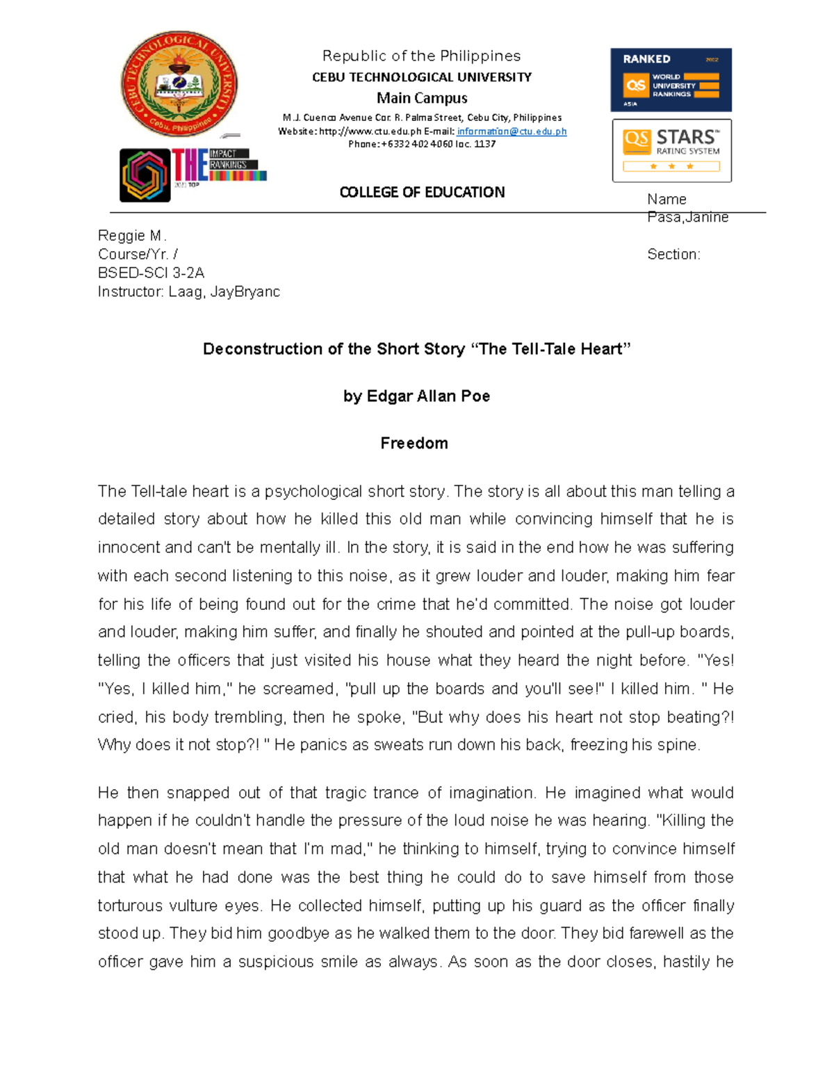 Deconstruction of a Short Story- Freedom - Name Pasa,Janine Reggie M ...