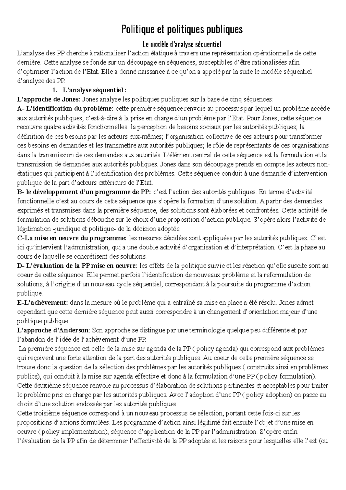 Le modèle d’analyse séquentiel - Politique et politiques publiques Le ...