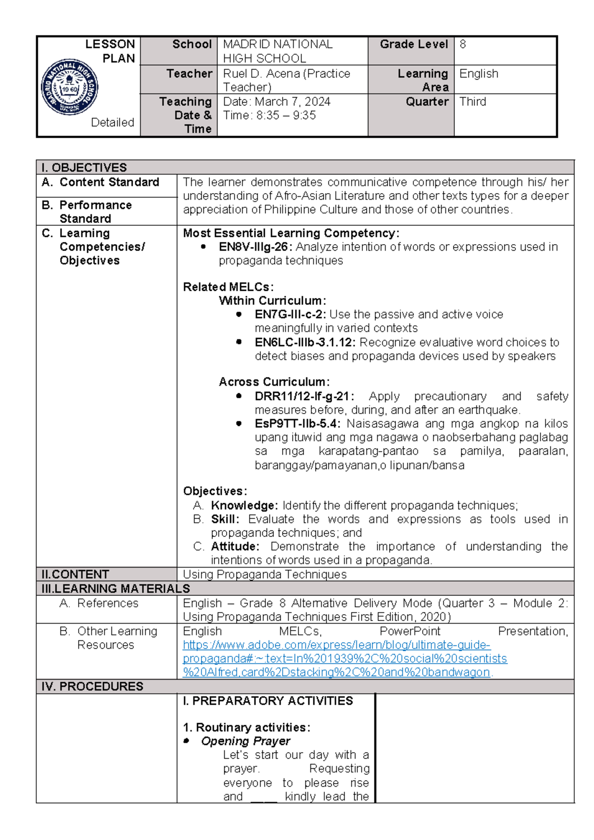 CO1 DLP - Classroom Observation 1 Lesson Plan - LESSON PLAN Detailed ...