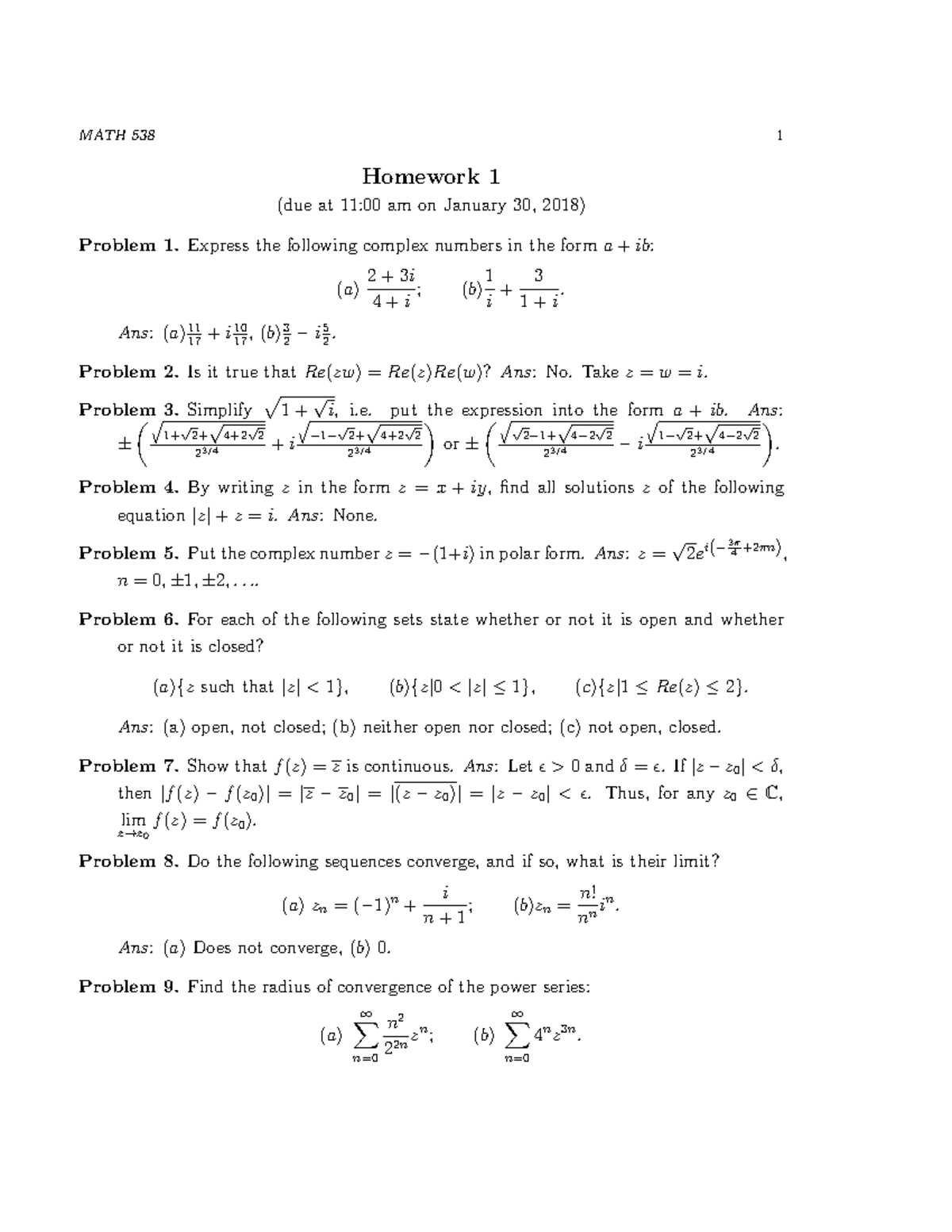 Hw1ans - Homework 1 (due at 11:00 am on January 30, 2018) Problem 1 the ...