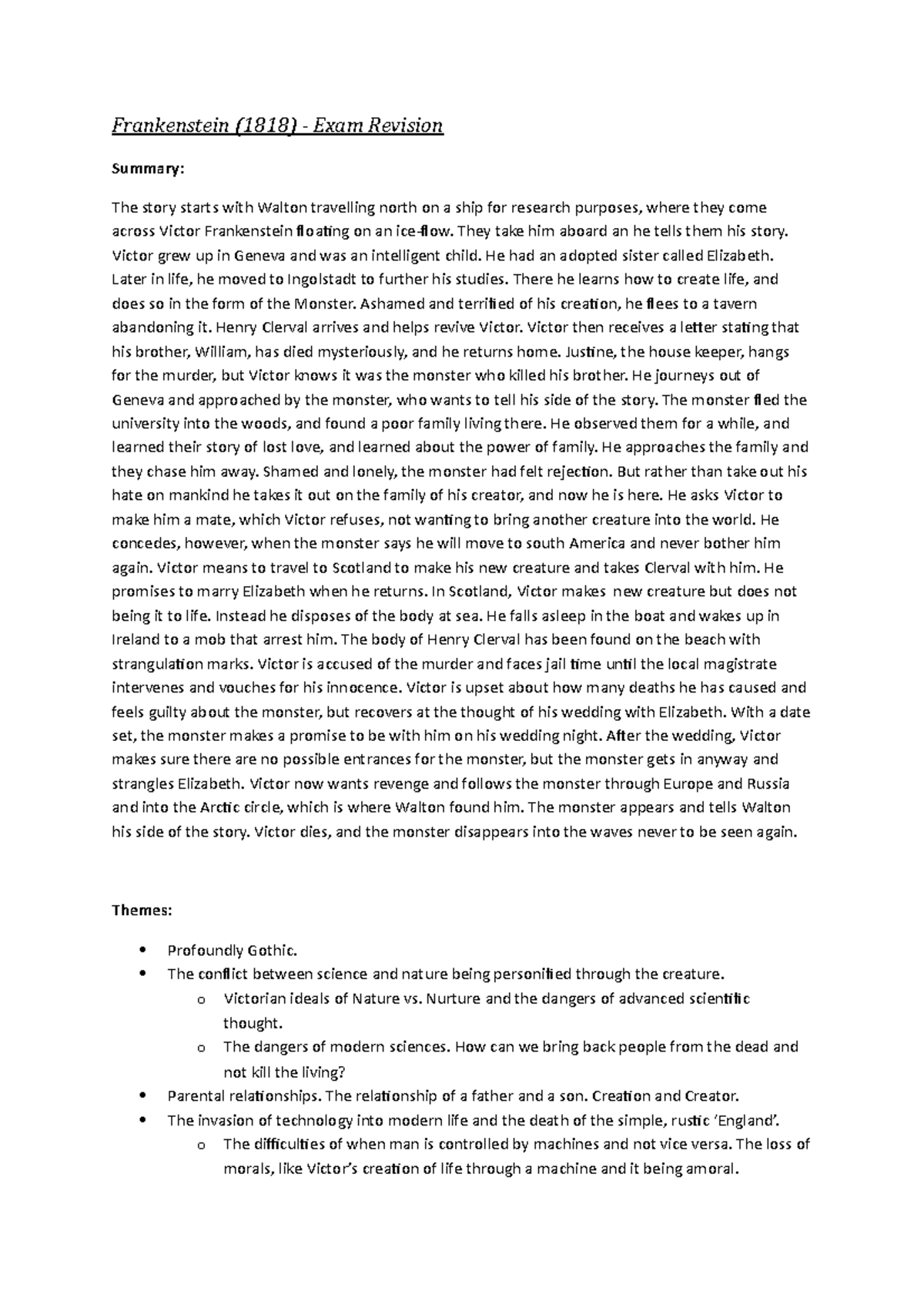 Summary Frankenstein Exam Revision - Frankenstein (1818) - Exam ...