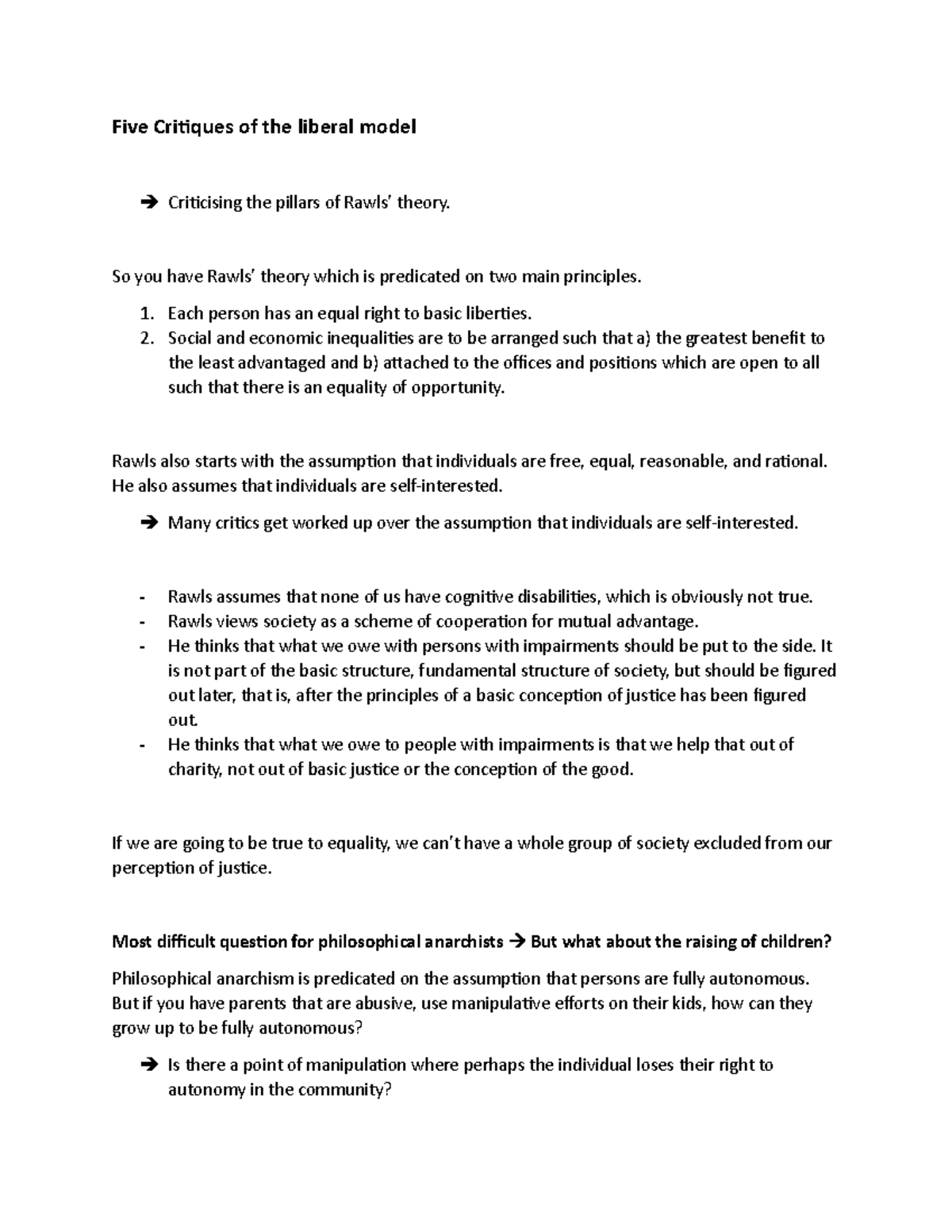 Five Critiques of the liberal model - So you have Rawls’ theory which ...