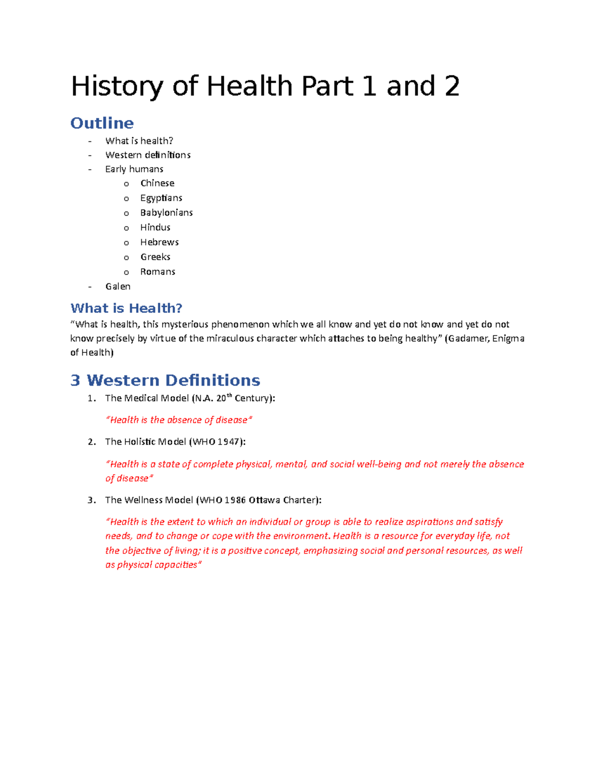 History of Health Part 1 and 2 - History of Health Part 1 and 2 Outline ...