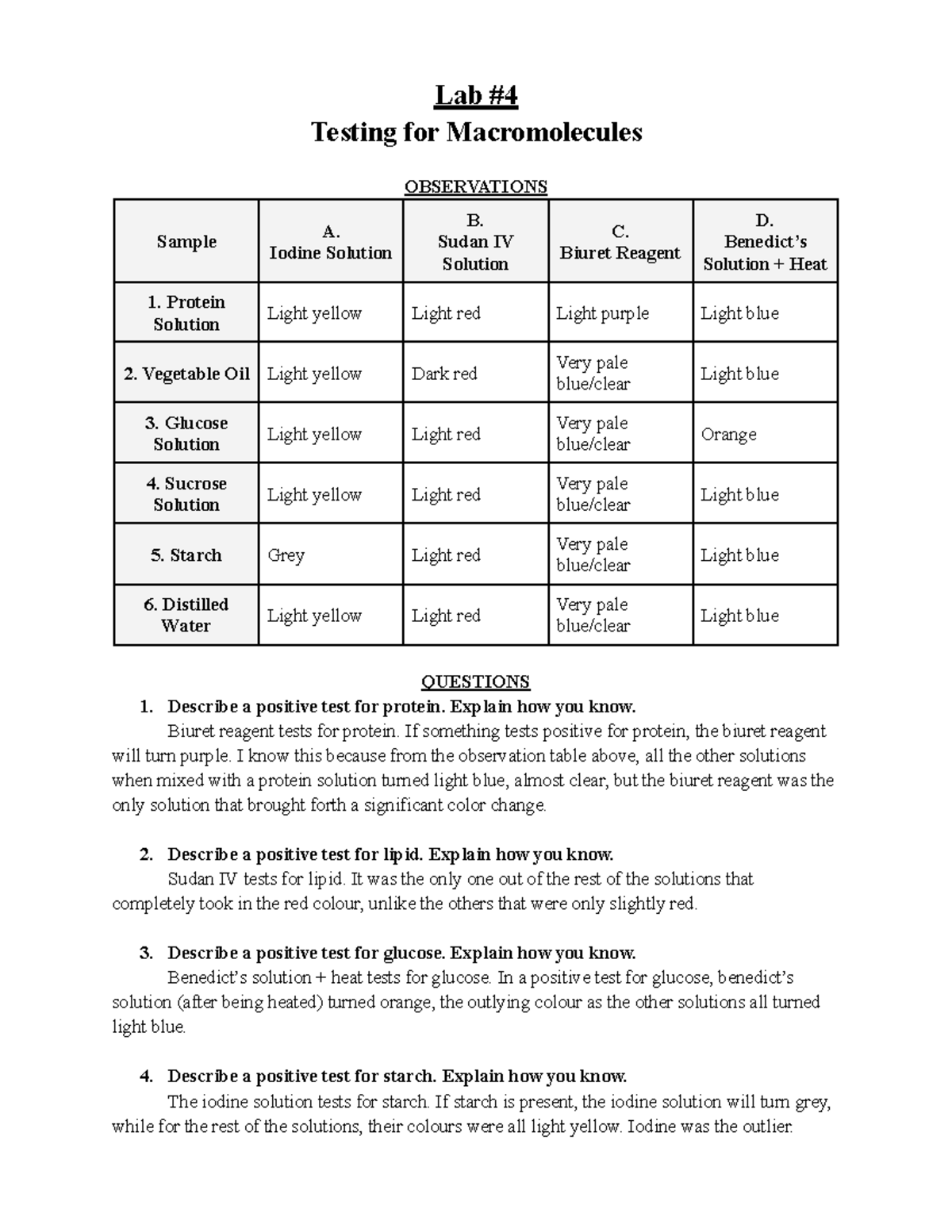 Lab #4 - Testing for Macromolecules - Lab Testing for Macromolecules ...