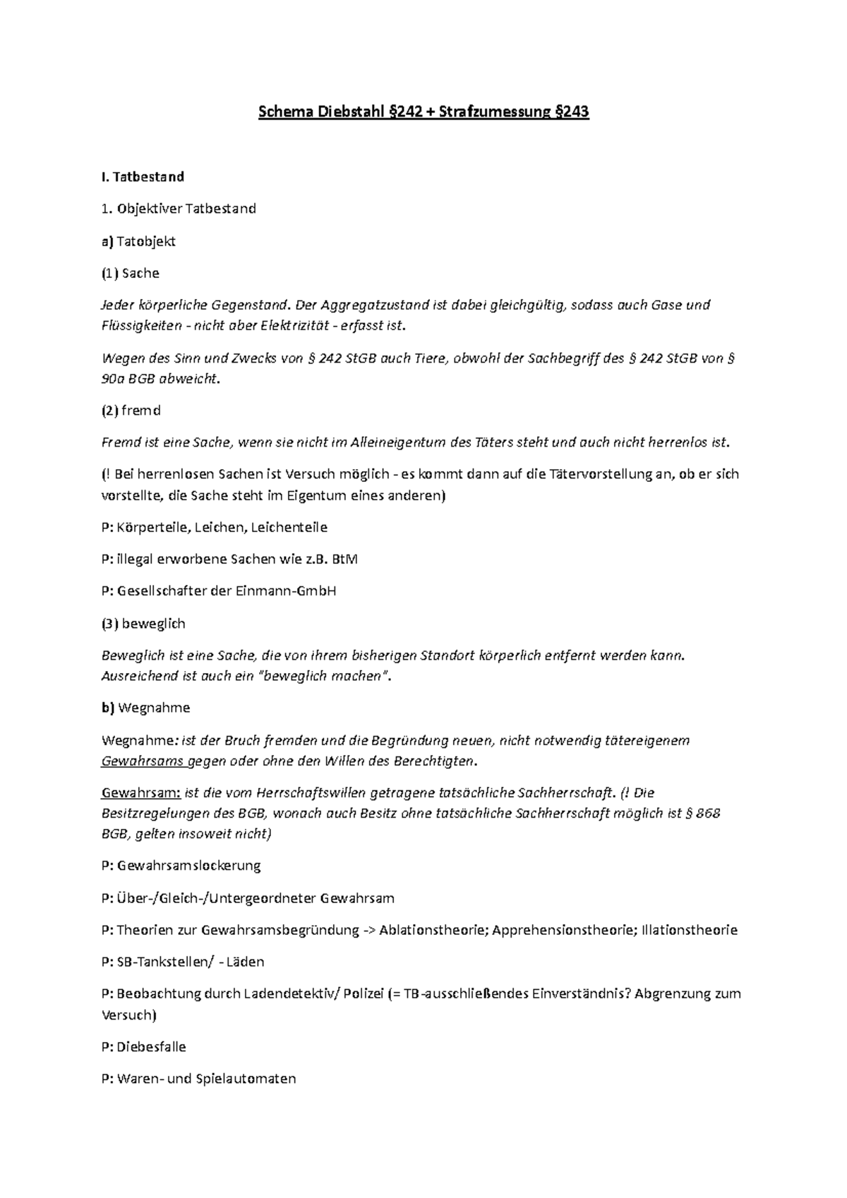 Schema Diebstahl §242 + Strafzumessung §243 - Schema Diebstahl §242 ...