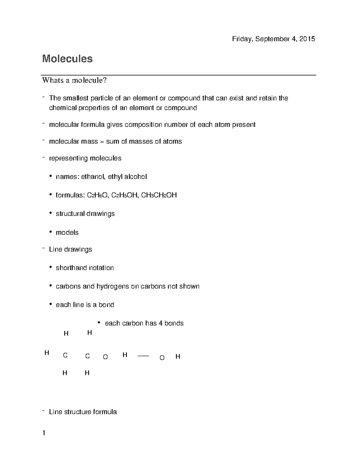 Lecture Notes, Complete Lectures - Friday, September 4, 2015 Molecules ...