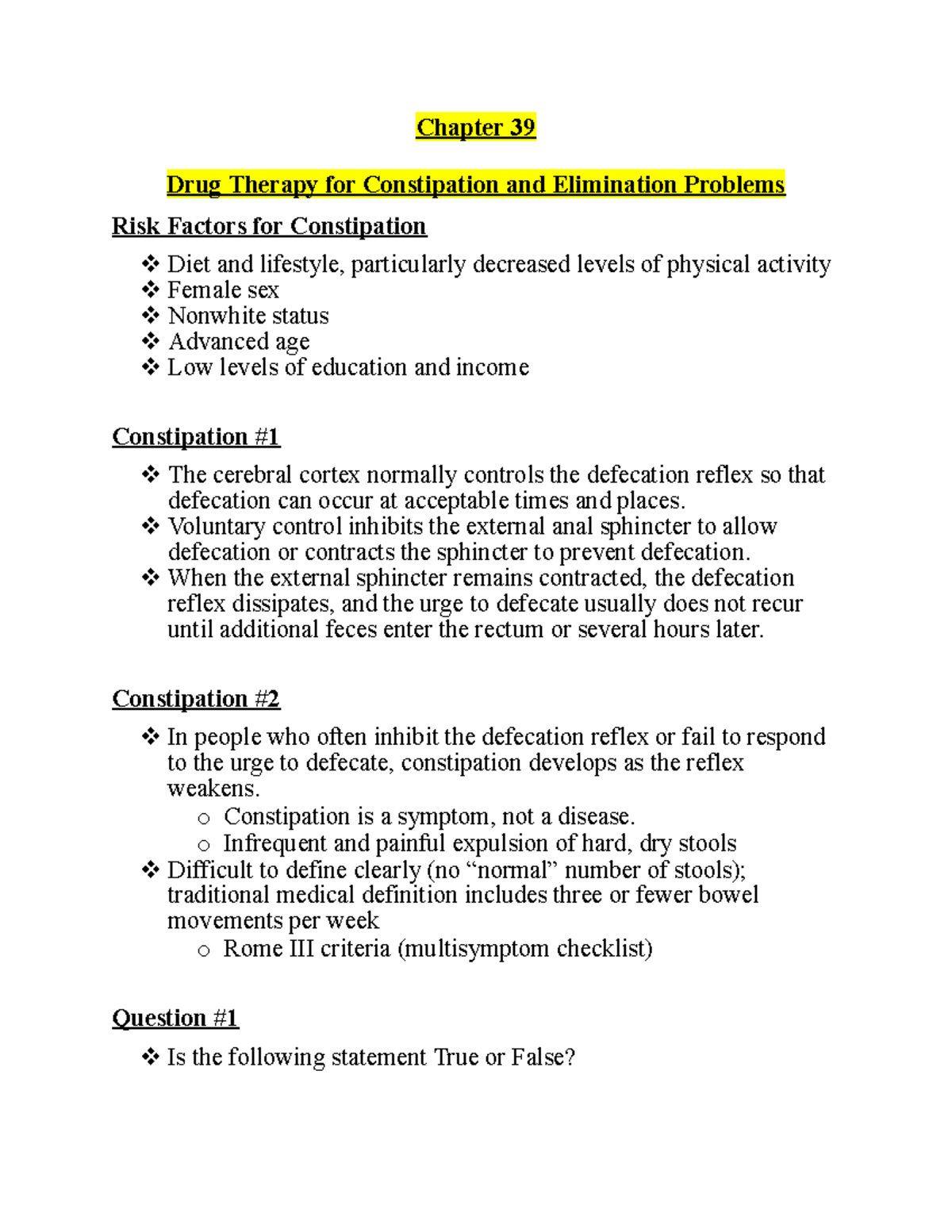 Pharm chapter 39 - Chapter 39 Drug Therapy for Constipation and ...