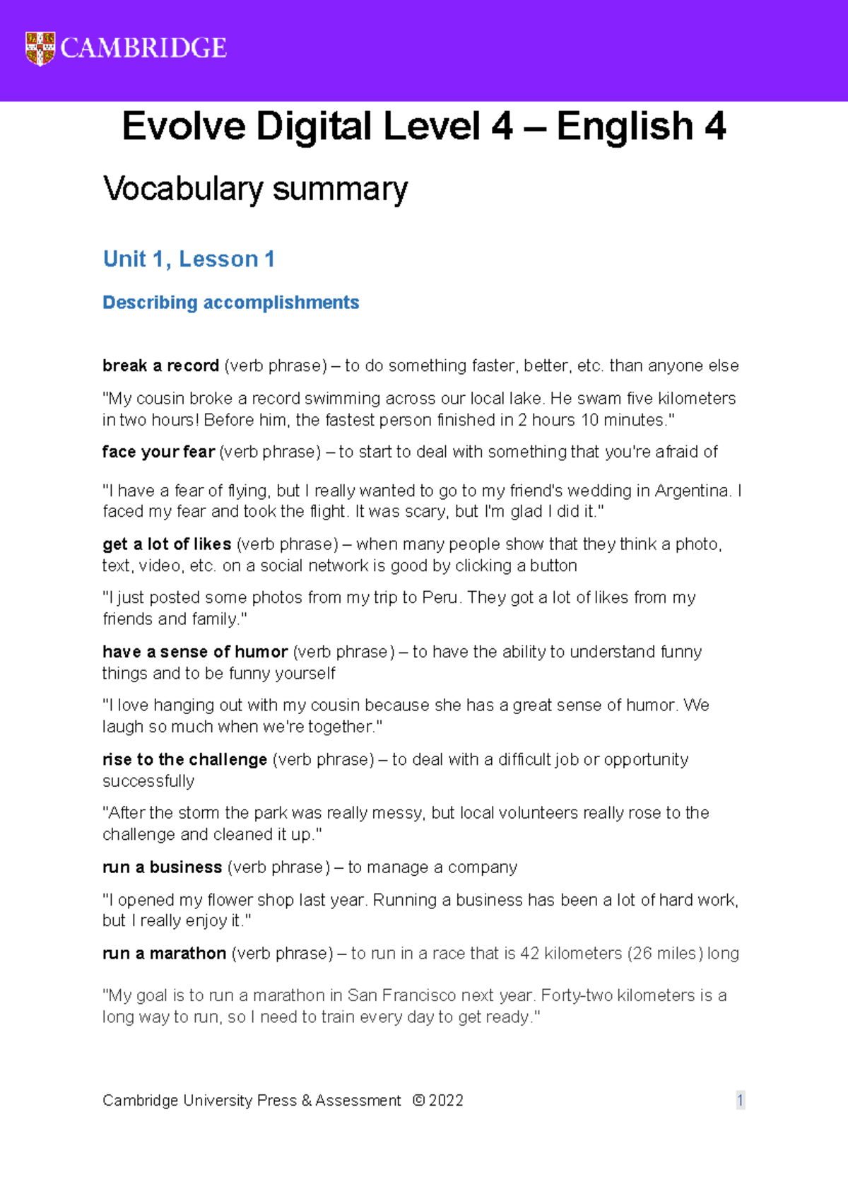 Unit 1 - E4 - Vocabulary - RESUMEN - Evolve Digital Level 4 – English 4 ...