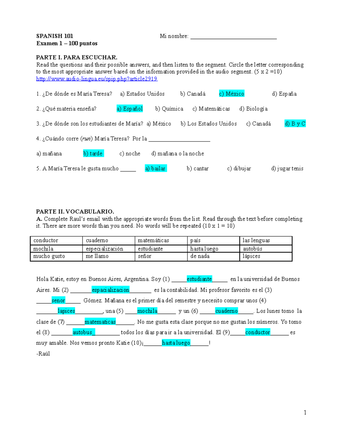 Study Guide - SPA 101 - SPANISH 101 Mi nombre ...