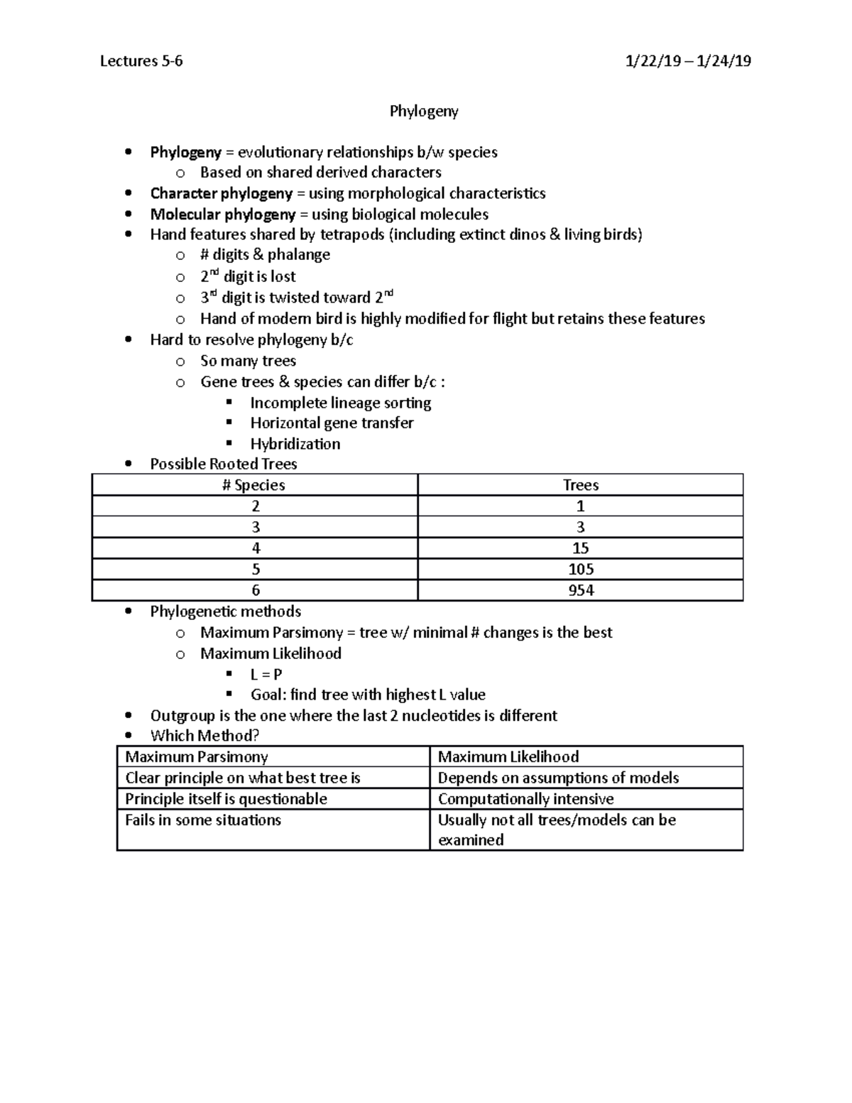 Phylogeny - Lecture Notes (Spring 2019) - Lectures 5-6 1/22/19 – 1/24 ...