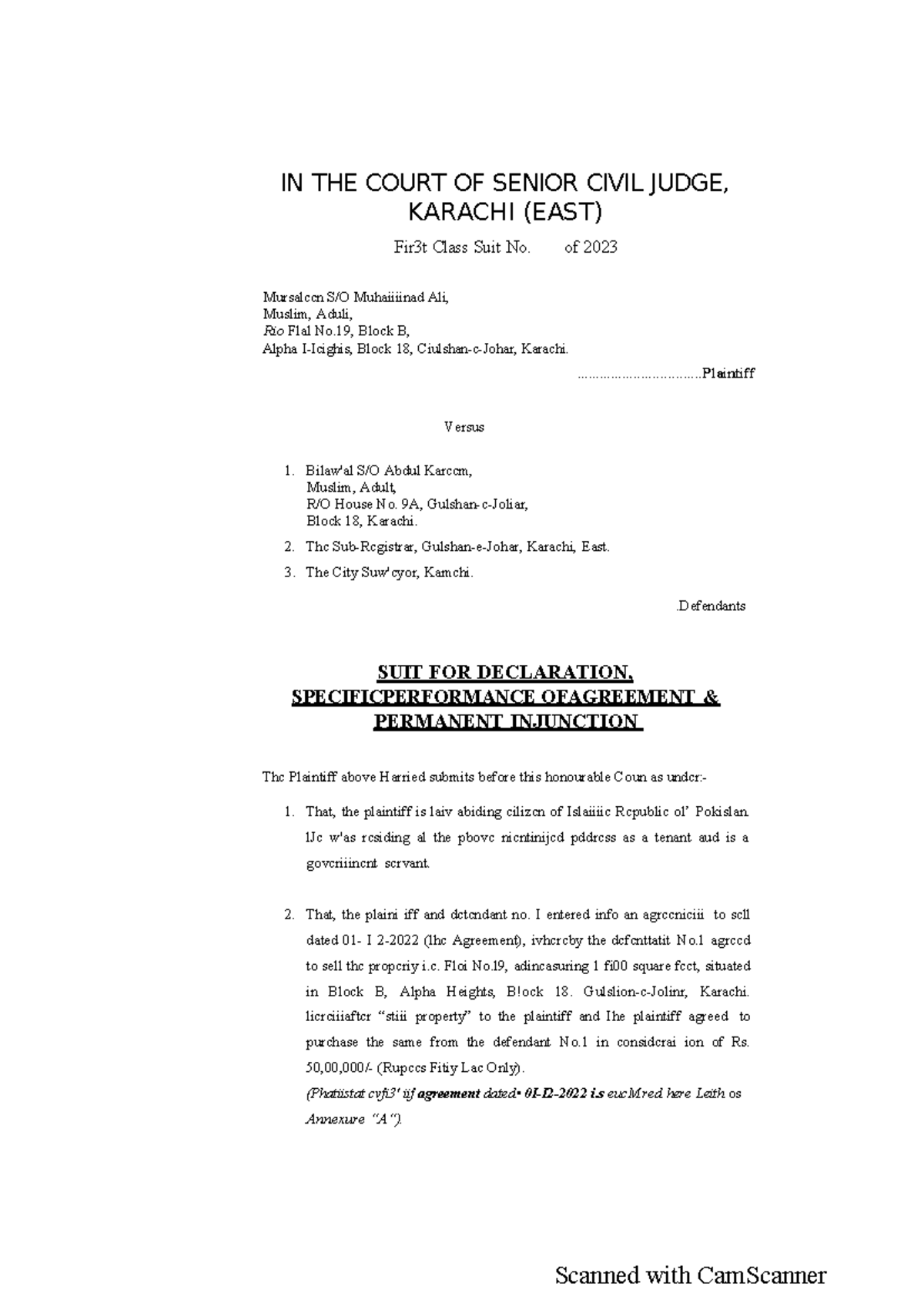 Sample plaint draft - IN THE COURT OF SENIOR CIVIL JUDGE, KARACHI (EAST ...