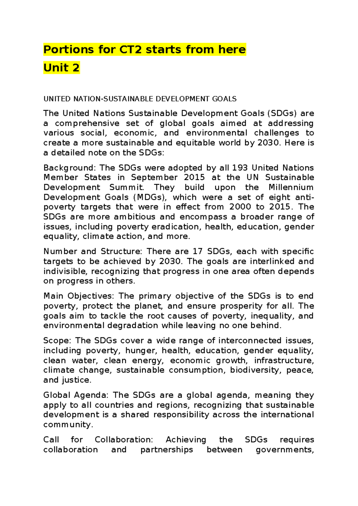 Unit 2 Main content - Portions for CT2 starts from here Unit 2 UNITED NATION-SUSTAINABLE ...