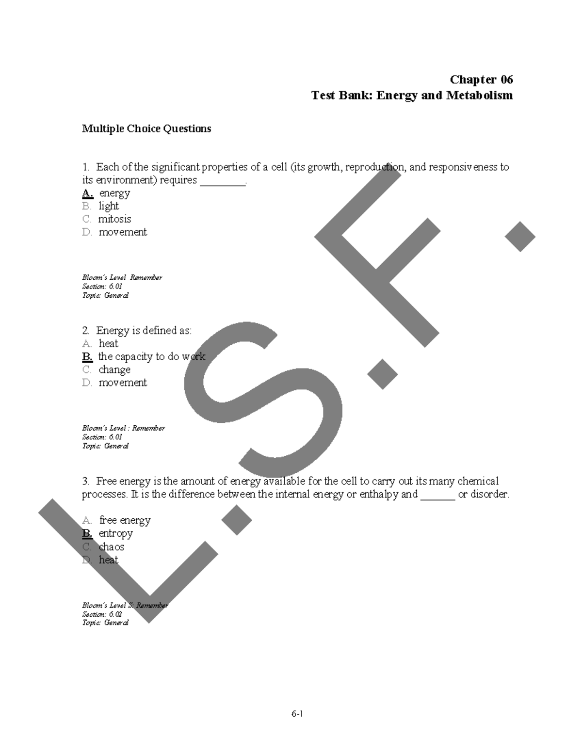 Chap006 - Chapter 06 Test Bank: Energy and Metabolism Multiple Choice ...