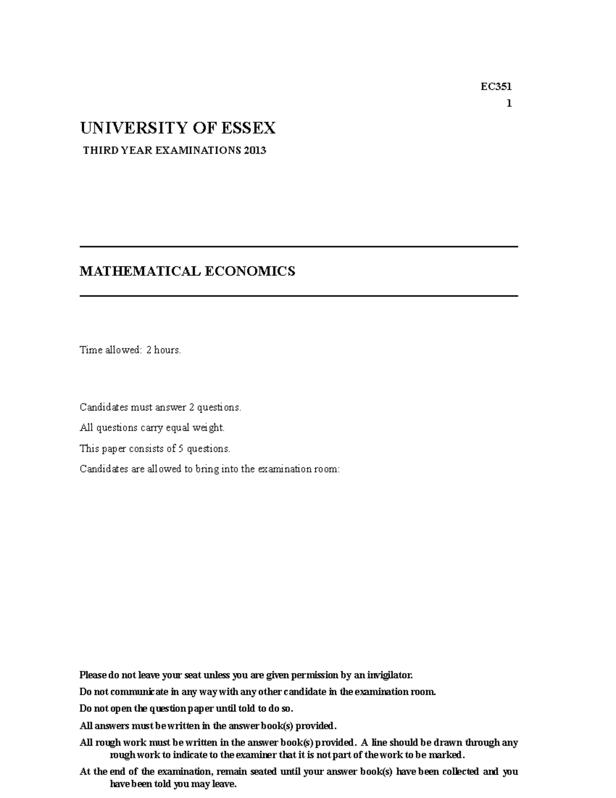 Exam 5 May 2013, questions and answers - EC351 1 UNIVERSITY OF ESSEX ...