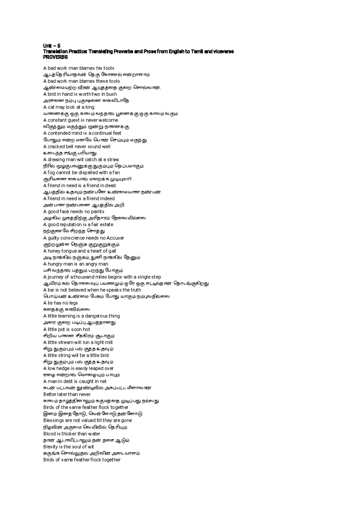 Proverbs - Joe mama - Unit – 5 Translation Practice: Translating Proverbs and Prose from English ...