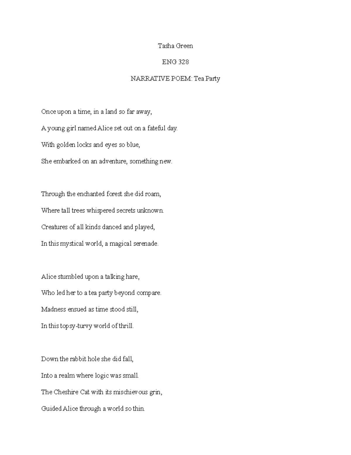 Poe 5-3 - Learn - Tasha Green ENG 328 NARRATIVE POEM: Tea Party Once ...