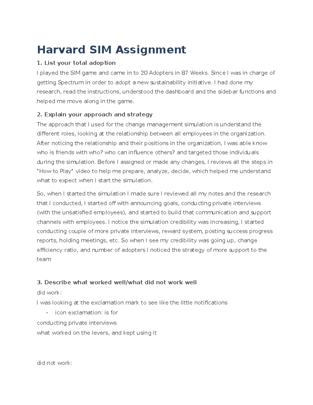 SIM Assignment - Journal - Harvard SIM Assignment 1. List your total ...