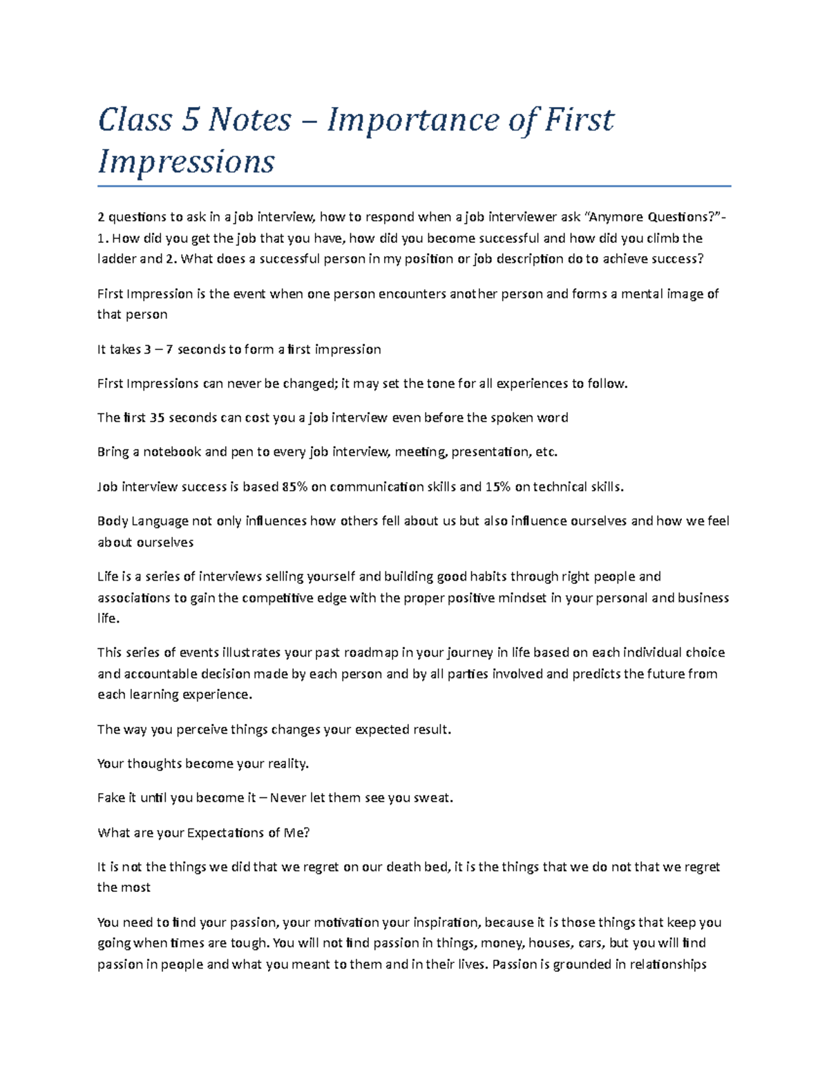 Class 05 Notes - Updated First Impressions in the Workplace - Class 5 ...