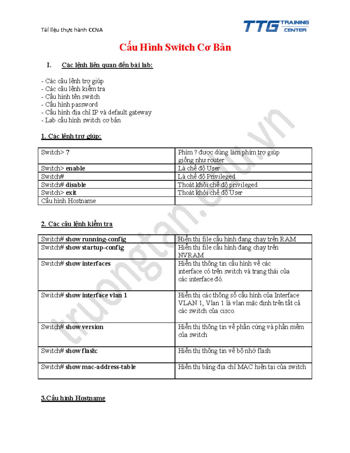 01. Cấu hinh switch cơ bản - Cấu Hình Switch Cơ Bản I. Các lệnh liên ...