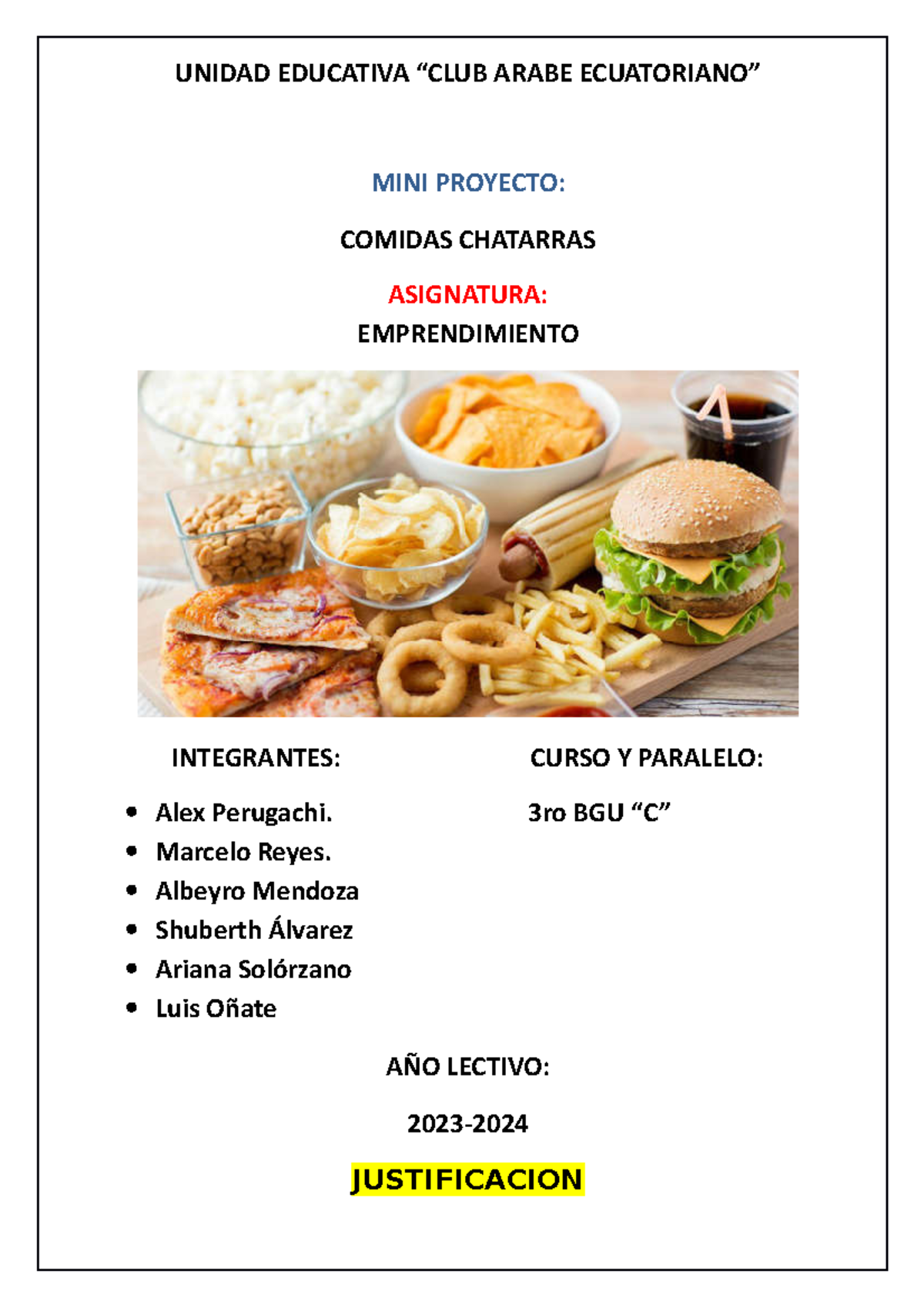 Informe de Emprendimiento - UNIDAD EDUCATIVA “CLUB ARABE ECUATORIANO ...
