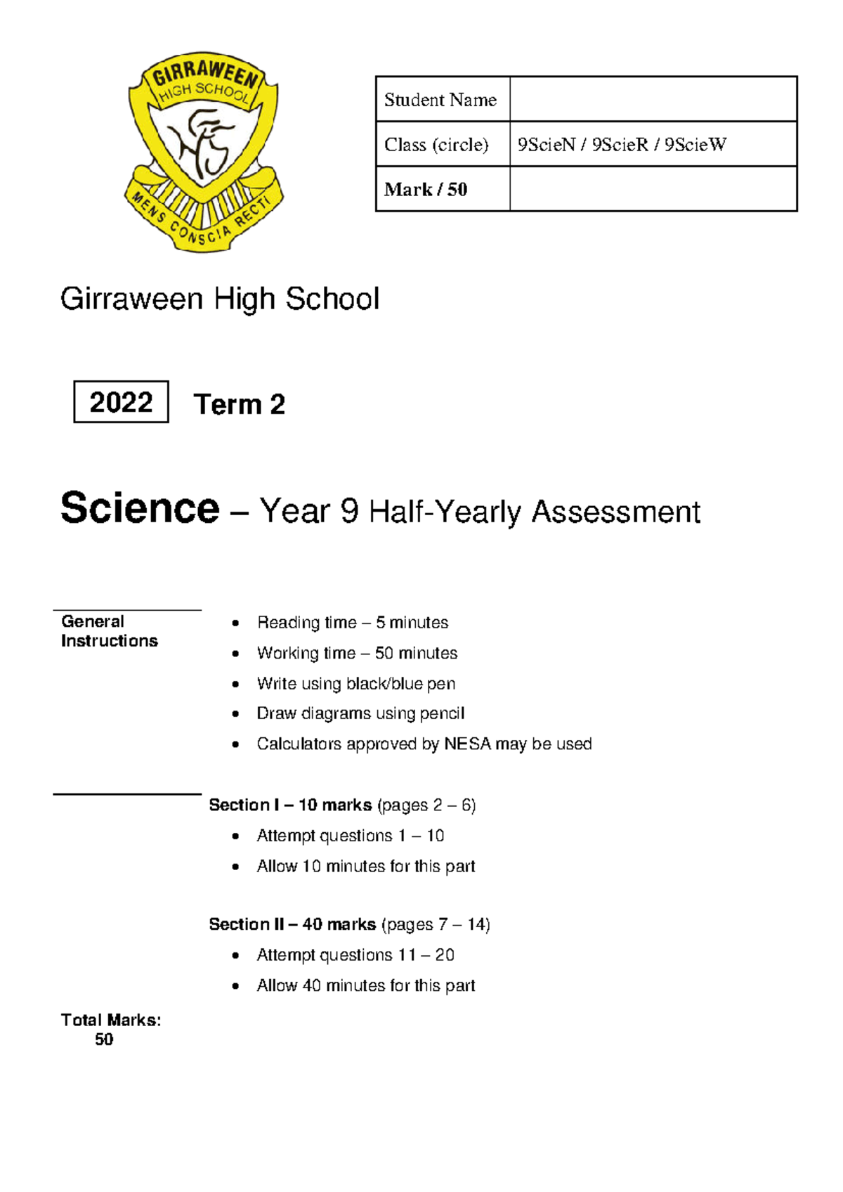 2022 Year 9 Half-Yearly Assessment Answers mk 3a - Girraween High ...