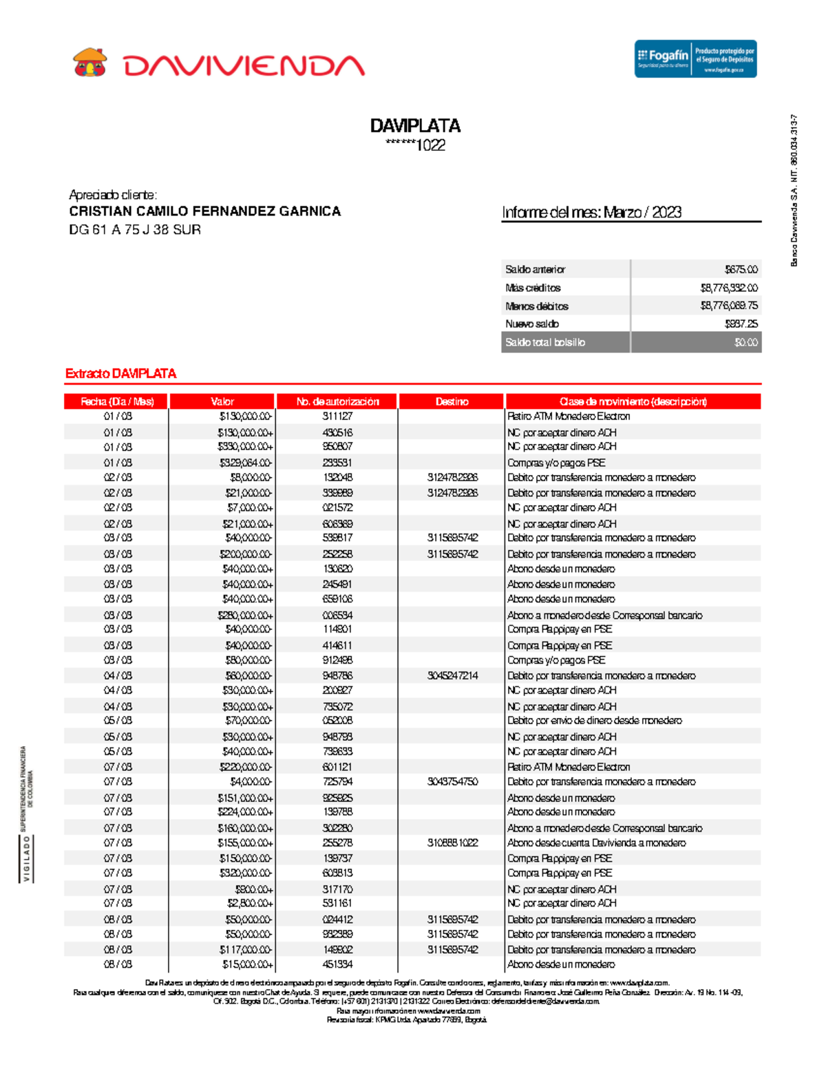 Extracto Daviplata - Reresumen de transacción - Banco Davivienda S. NIT ...