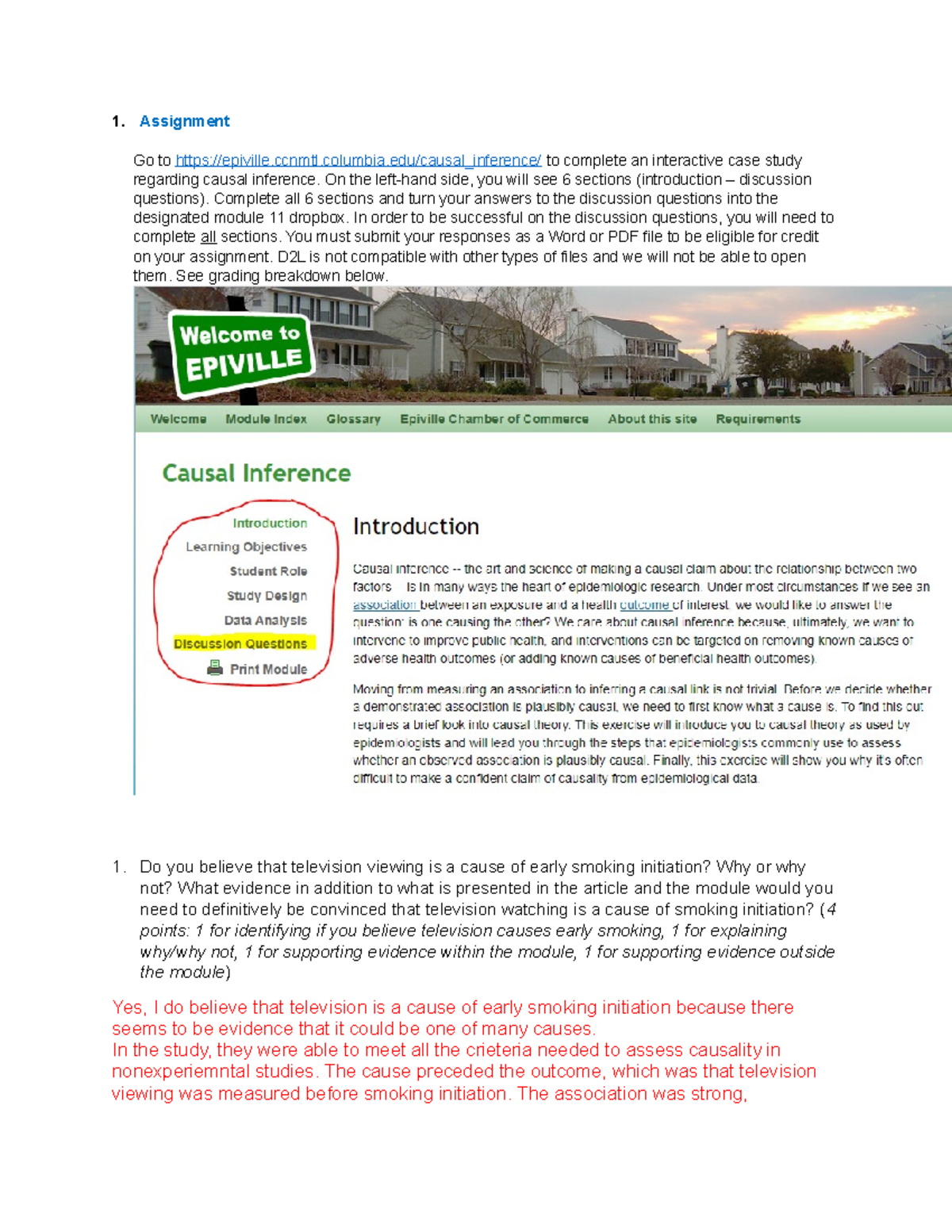 Module 11 Assignment - Assignment Go to epiville.ccnmtl.columbia/causal ...