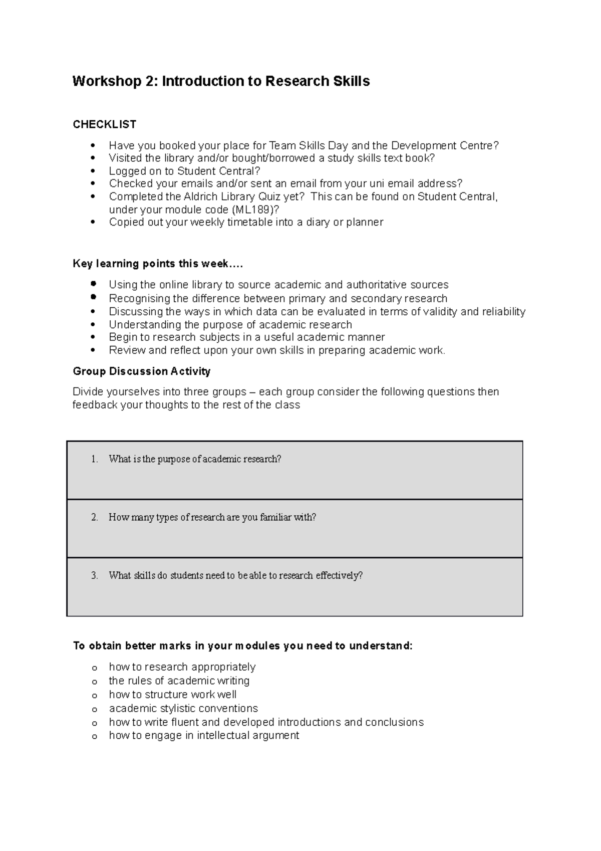 Workshop 2 Introduction to Research Skills - Workshop 2: Introduction ...