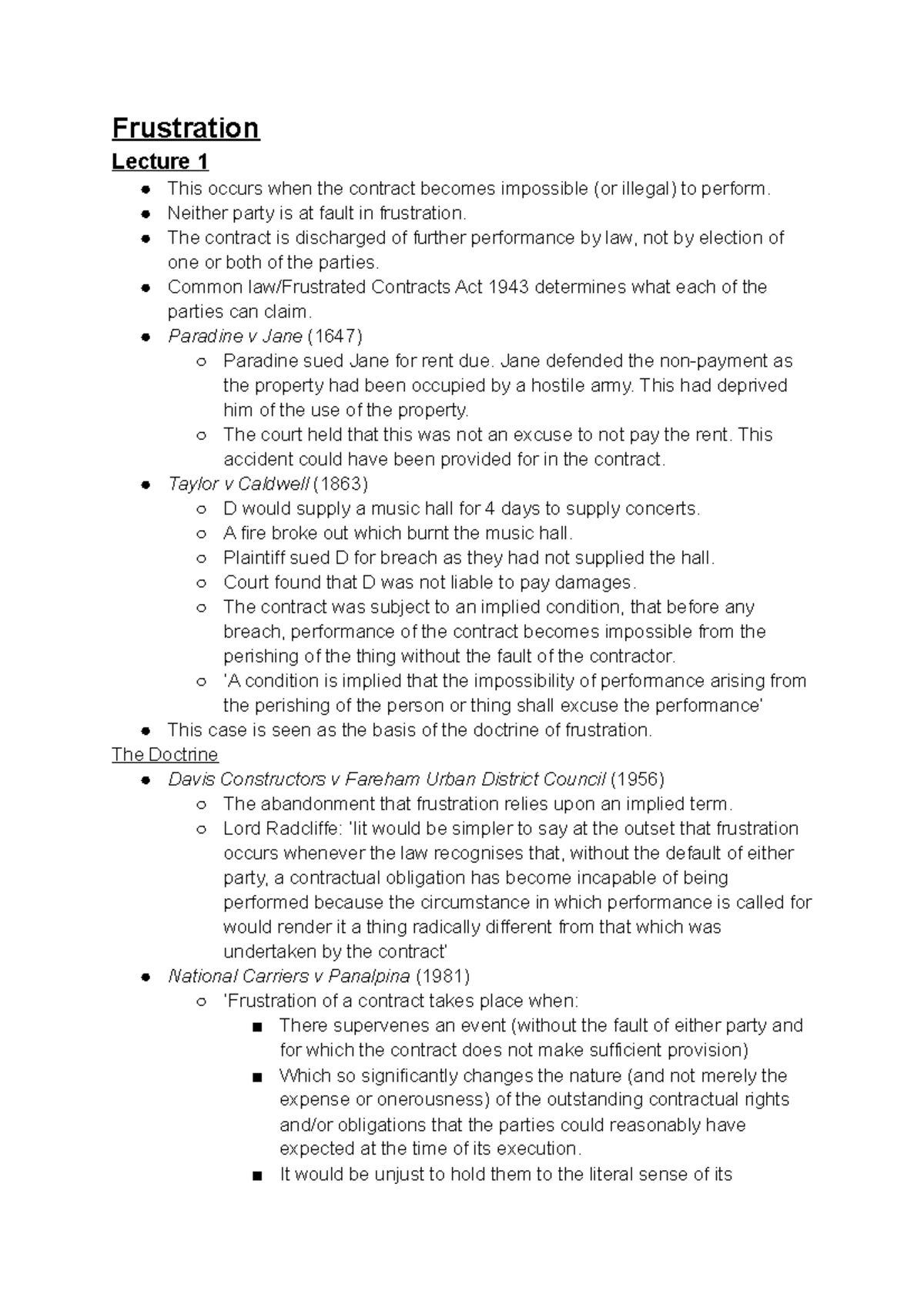 Frustration - Frustration Lecture 1 This occurs when the contract ...