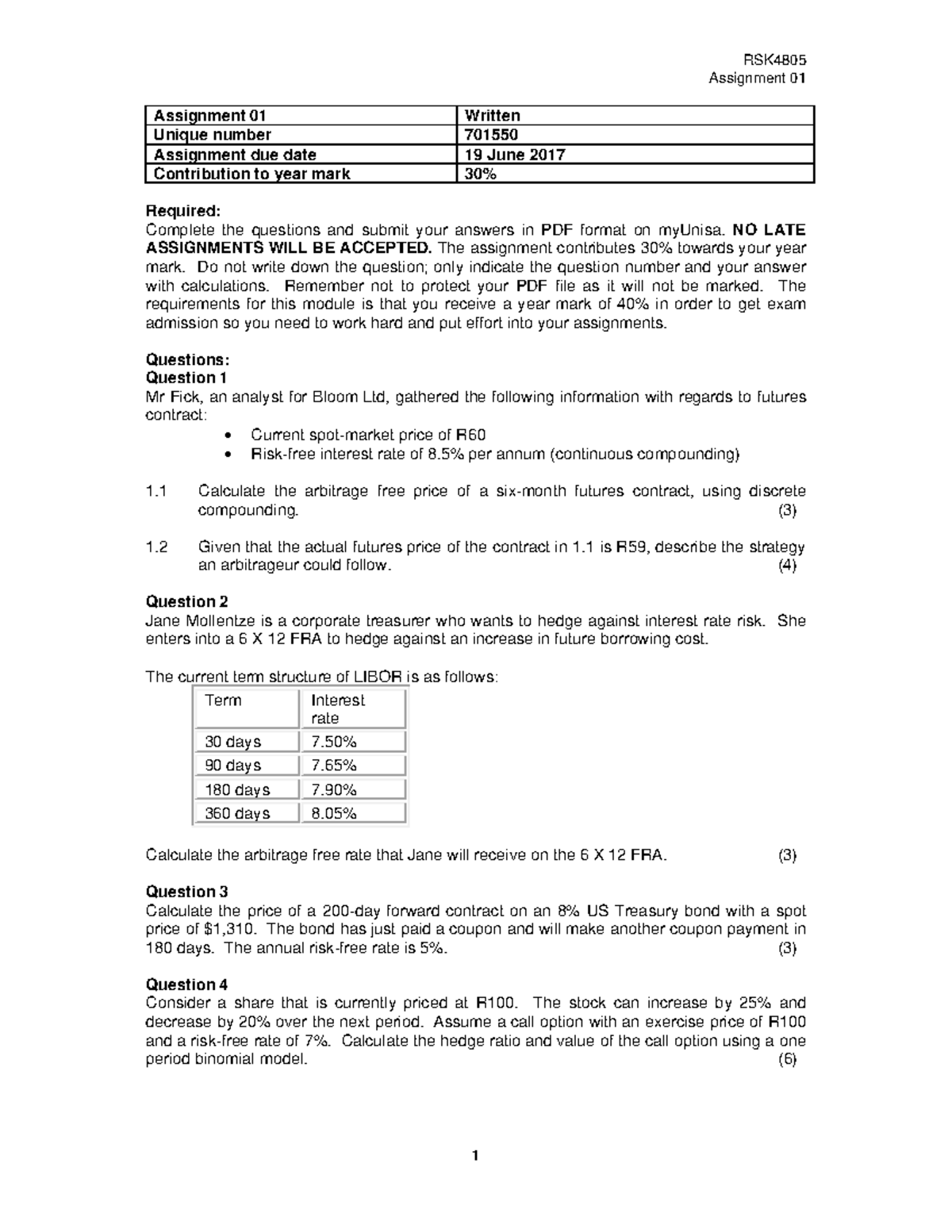 RSK4805 Assignment 01 Questions - RSK Assignment 01 1 Assignment 01 Written Unique number 701550 ...