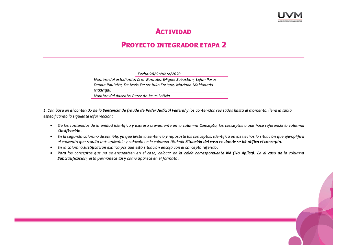 Proyecto integrador etapa 3dos - ACTIVIDAD PROYECTO INTEGRADOR ETAPA 2 Fecha: 28 /Octubre/ 2023 ...