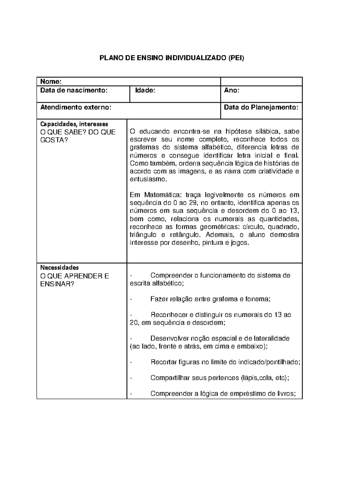 Modelo de PEI PDI pdf - PLANO DE ENSINO INDIVIDUALIZADO (PEI) Nome ...
