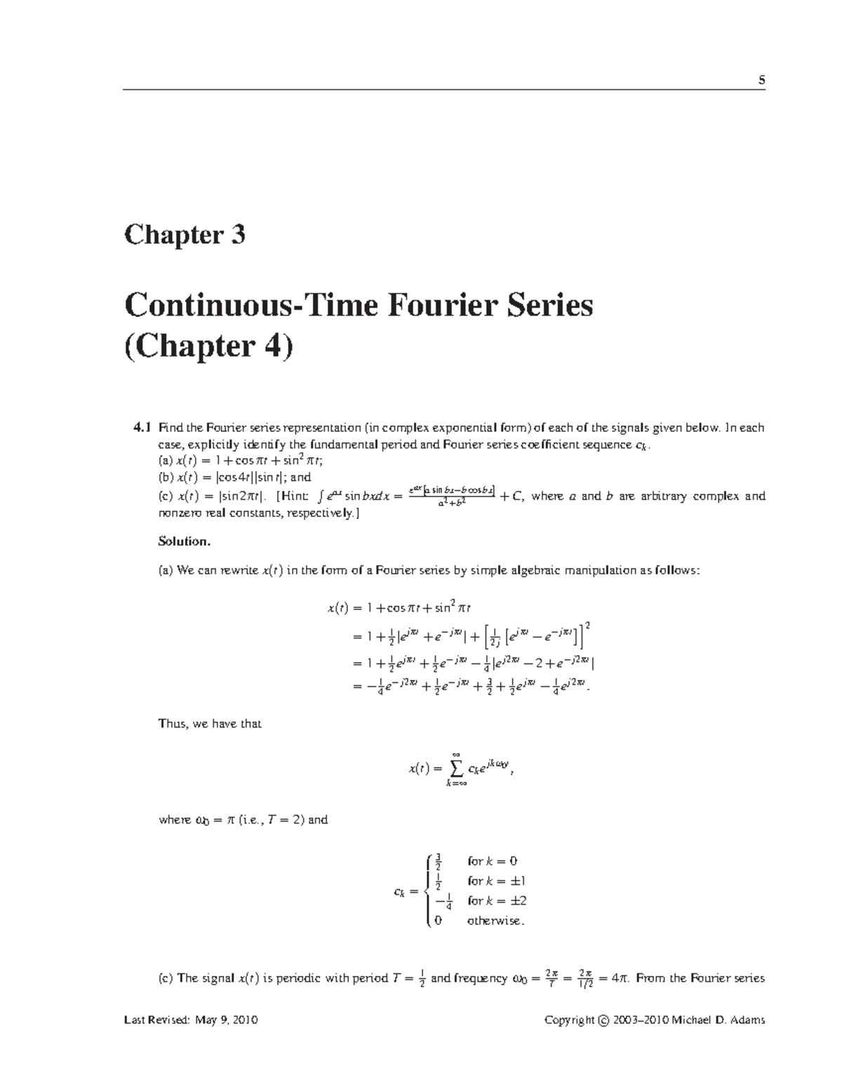 Continuous - Time Signals and Systems - Assignments - asgn4 soln - 5 Chapter 3 Fourier Series ...