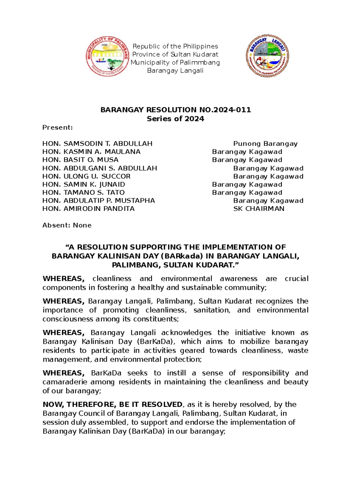 Barangay- Resolution-NO - Republic of the Philippines Province of ...