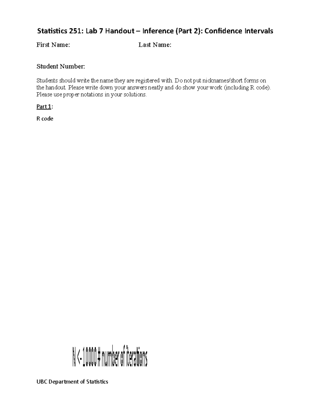 Lab7 v1 handout - Lab 7 - Statistics 251: Lab 7 Handout – Inference (Part 2): Confidence ...