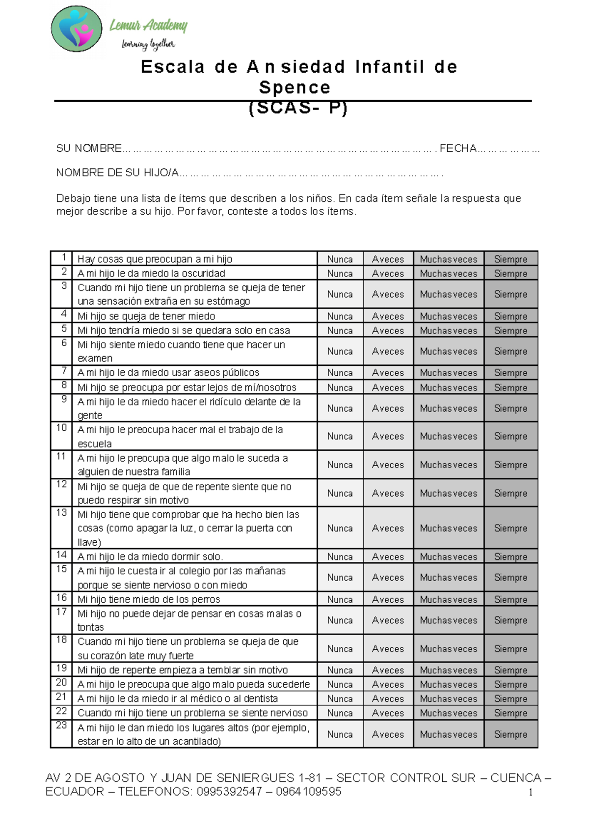 Escala DE Ansiedad Infantil Spence PARA Padres - 1 Escala de A n siedad ...