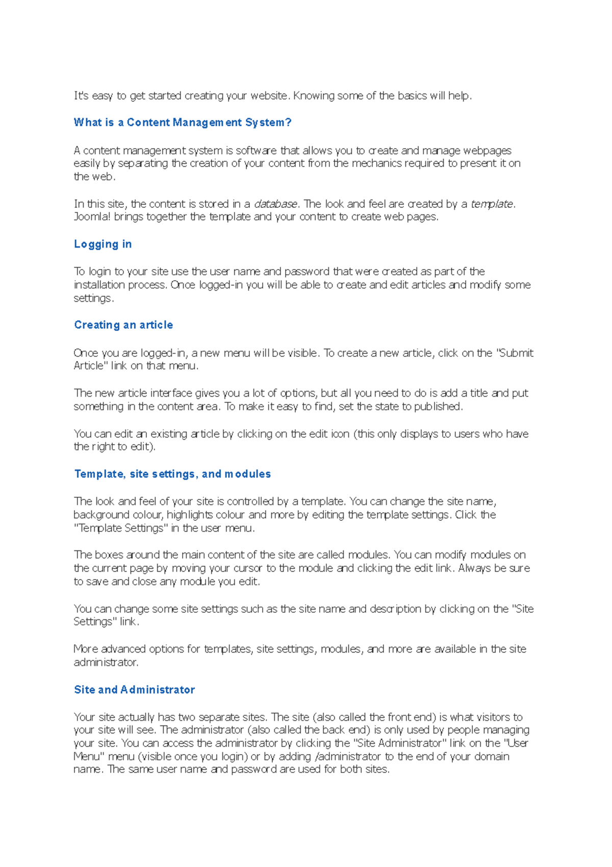 Joomla site notes - It's easy to get started creating your website ...