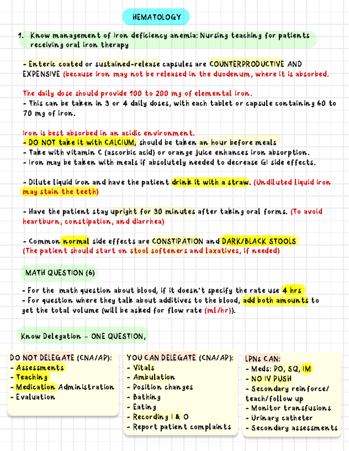 Exam 2 Study Guide - 1. Know management of Iron deficiency anemia ...