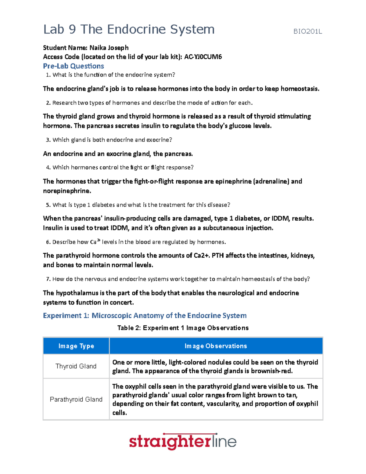 Lab 9: The Endocrine System - Student Name: Naika Joseph Access Code ...