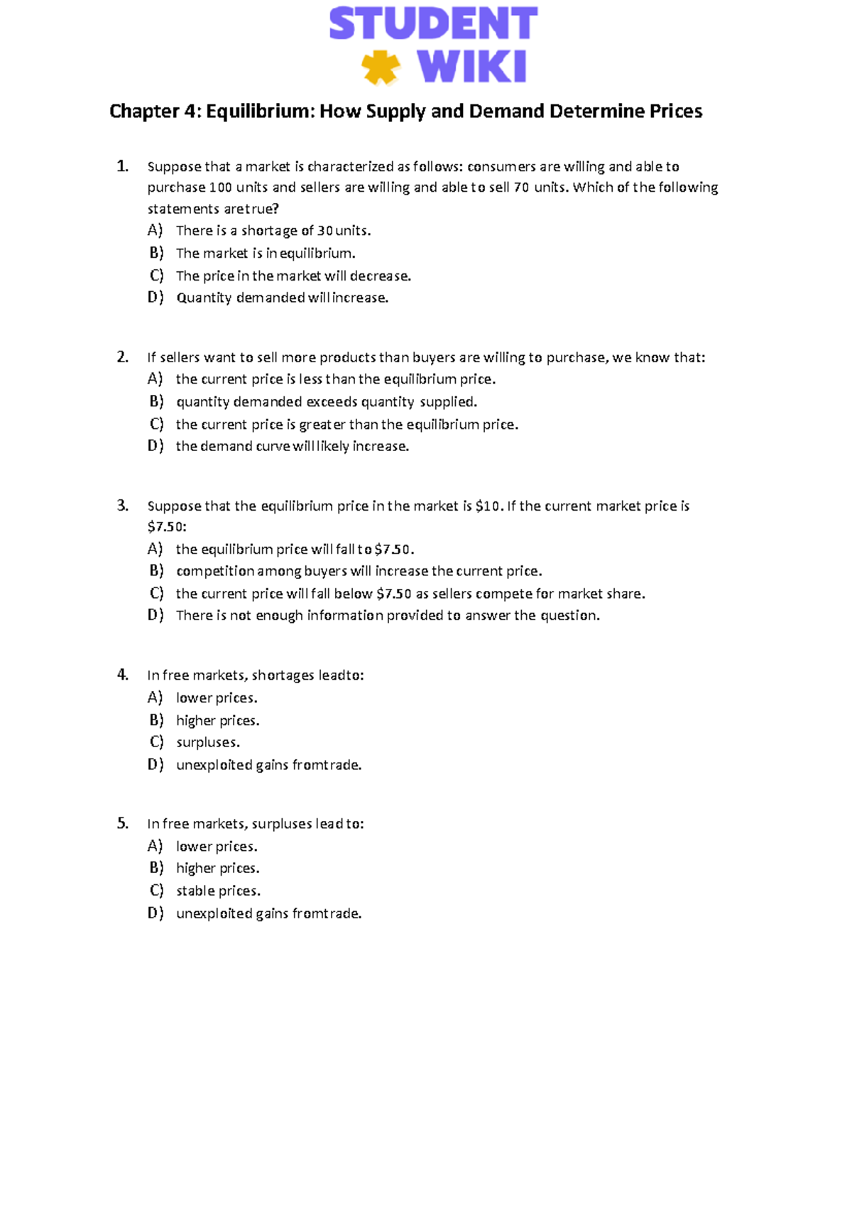 Chapter 4 Equilibrium How Supply and Demand Determine Prices - Suppose ...
