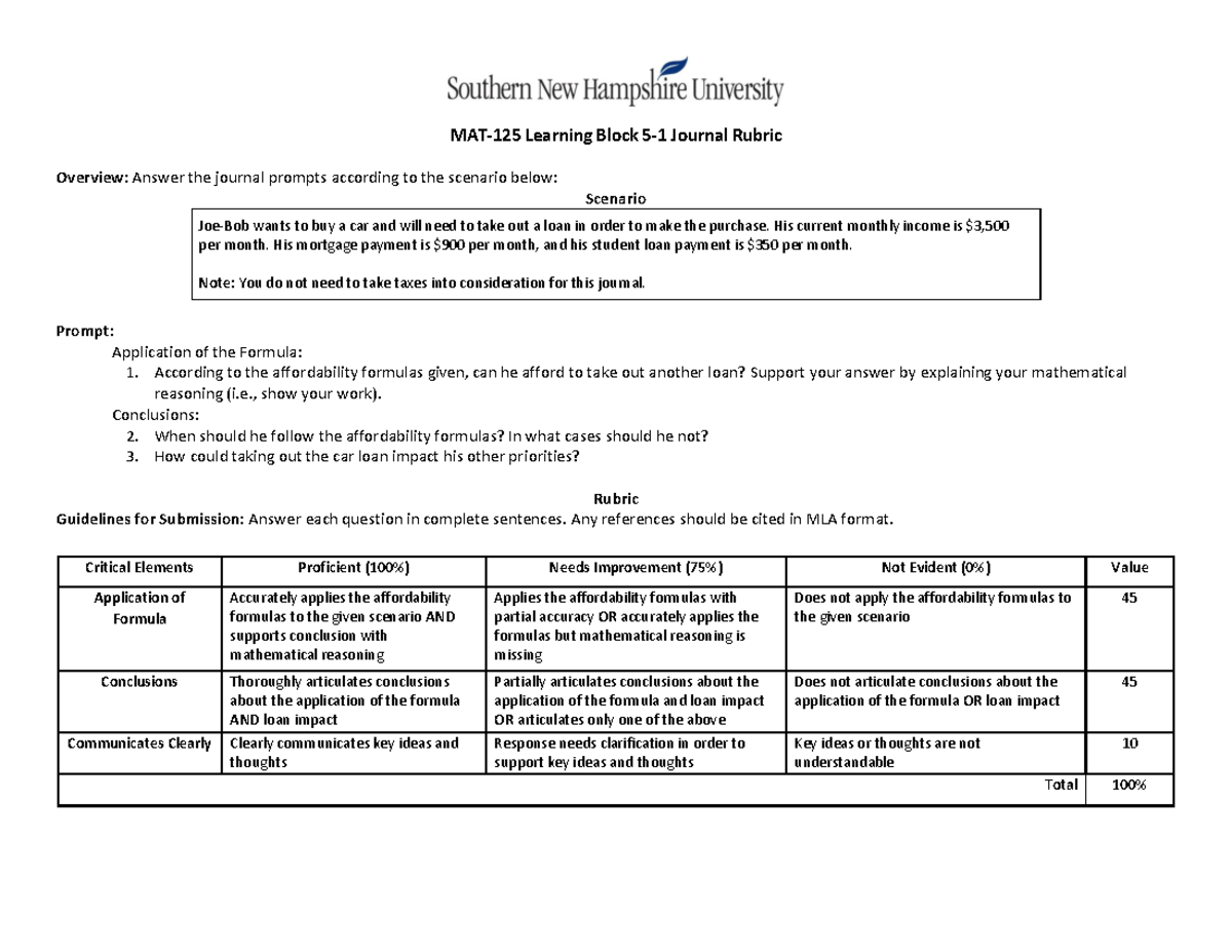 MAT 125 Learning Block 5-1 Journal Rubric - MAT-125 Learning Block 5-1 ...