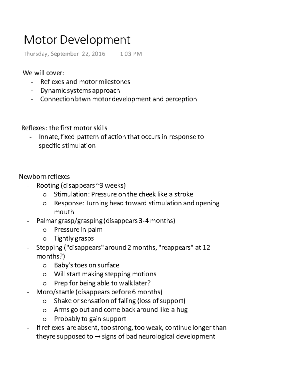 Motor Development - Jennifer Ganger Lecture notes - Motor Development ...