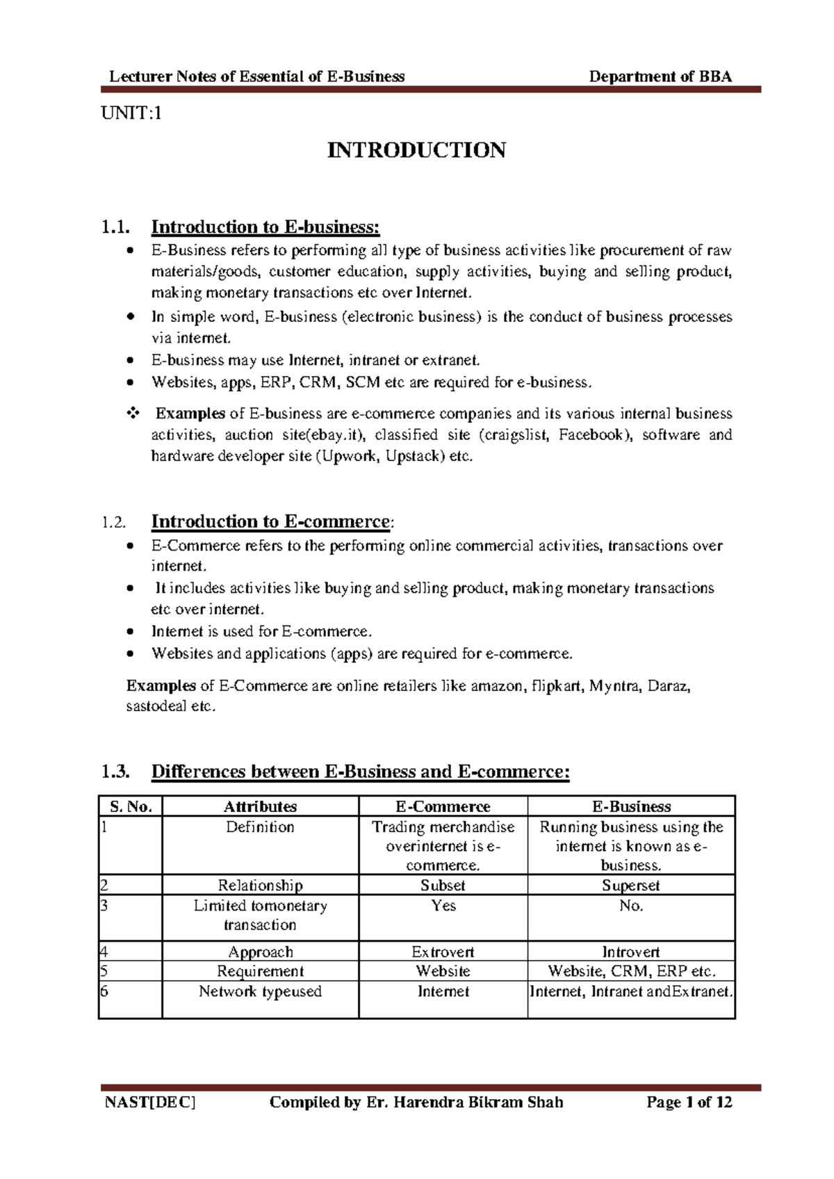 Unit 1 Introduction - unit 1 - UNIT: INTRODUCTION 1. Introduction to E-business: E-Business ...