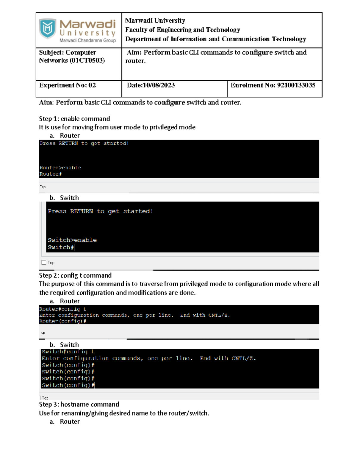 35-Experiment-2 - Experiments on switch, router configuration and ...
