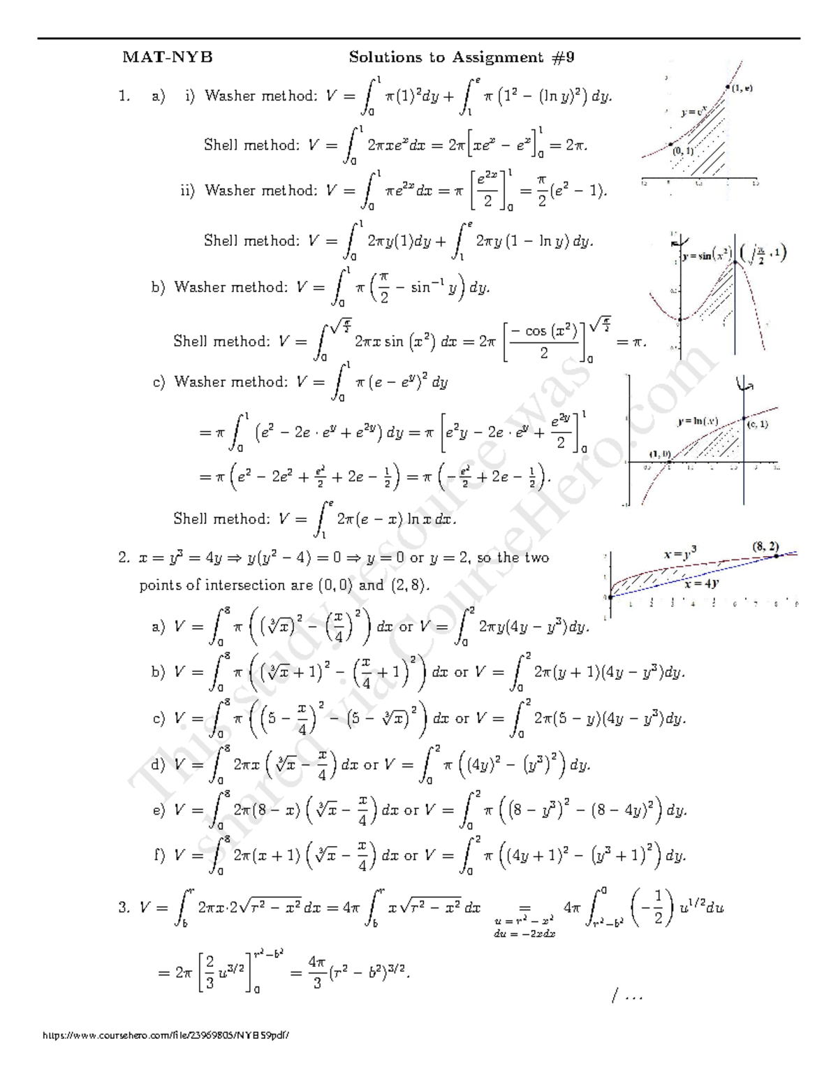 A9 Soln - math - MAT-NYB Solutions to Assignment # a) i) Washer method ...