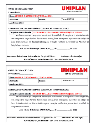 Modelo Relatório de aulas práticas Fisioterapia Uniplan - CENTRO UNIVERSITÁRIO PLANALTO DO ...