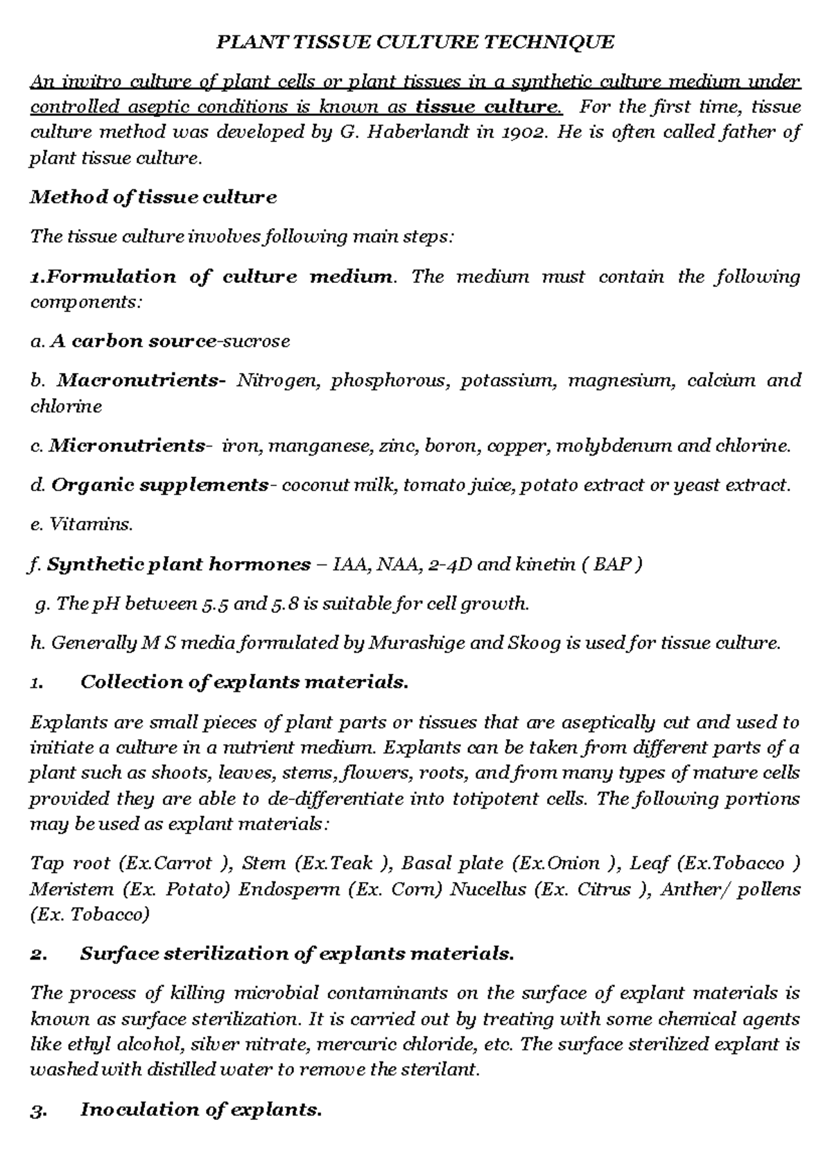 Plant Tissue Culture Technique - PLANT TISSUE CULTURE TECHNIQUE An ...